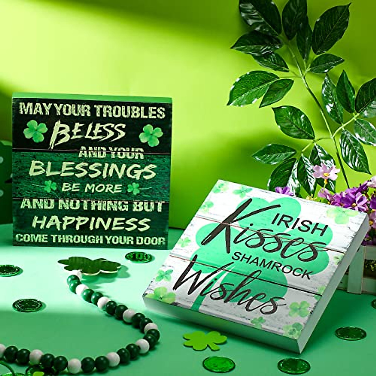 2 Pieces St. Patrick's Day Wood Decors Wood Box Signs Irish Rustic Tabletop Decor Wood Block Plaque May Your Blessings Irish Kisses Shamrock Wishes for St. Patrick Home Table Decorations, 8 x 8 Inch