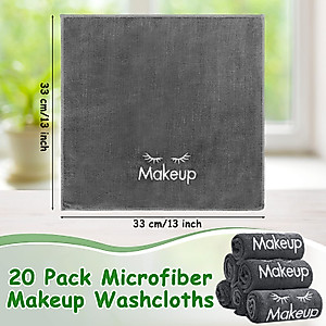 20 Pcs Makeup Remover Washcloths 13 x 13 Inches Microfiber Makeup Towels Bulk Absorbent Face Towels Reusable Soft Cotton Makeup Face Cloths with Makeup Embroidery for Women Gifts (Grey)