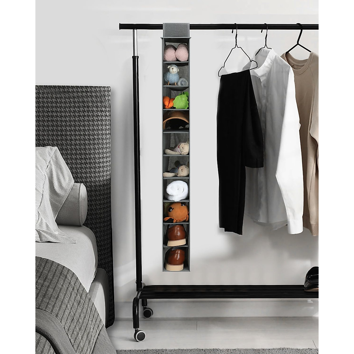 NEATJELAI Hanging Shoe Organizer 10 Tier Hanging Shelves for Closet Organizers and Storage System，Foldable Design, for Wardrobe, Baby Clothes Organization and Storage，Gray