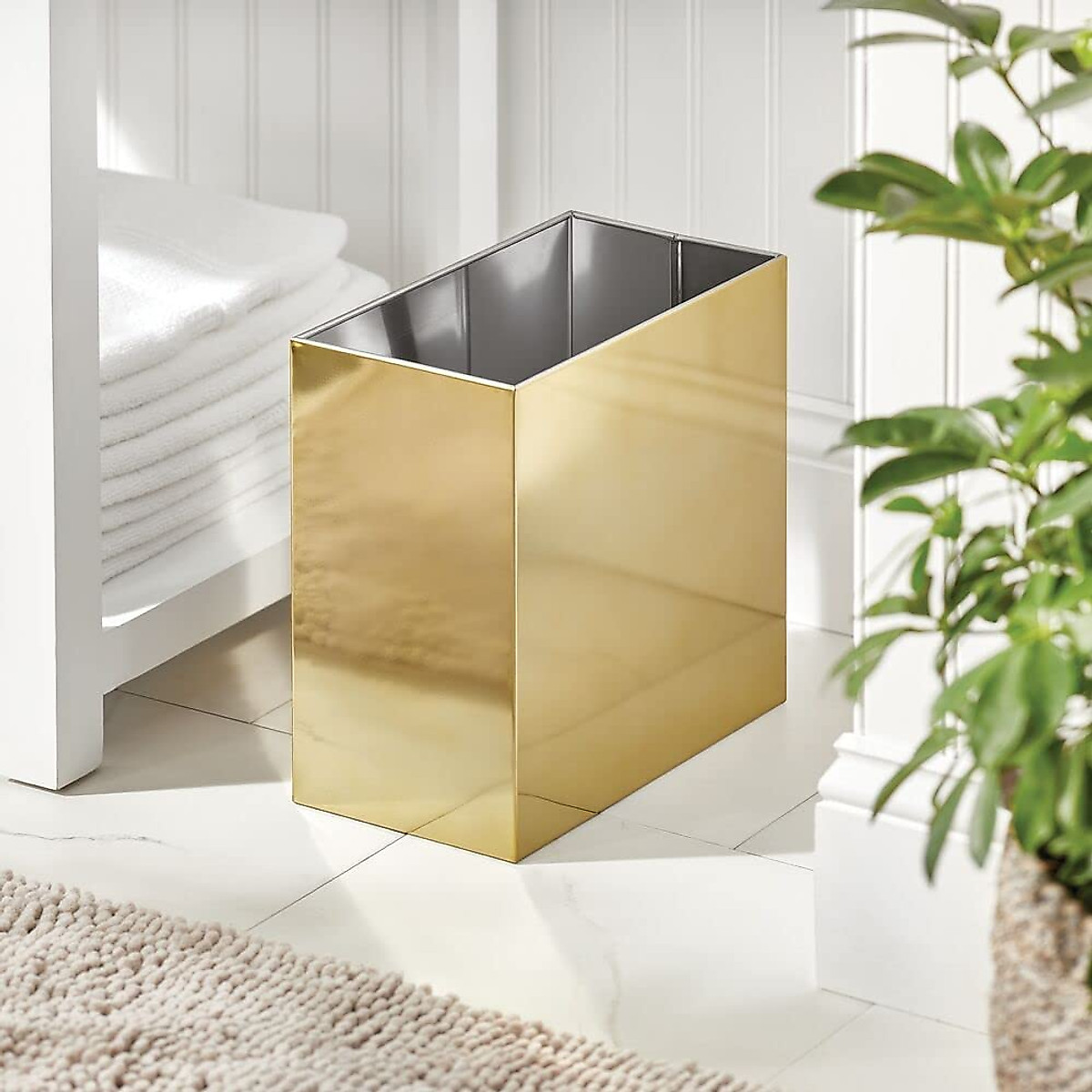 mDesign Small Steel Rectangular 2.4 Gallon/9.1 Liter Trash Can, Waste Basket for Bathroom, Bedroom, Home Office - Holds Garbage, Recycling, Household Items - Linn Collection - Soft Brass