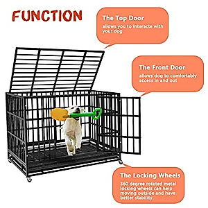 LEMBERI 48/38 inch Heavy Duty Indestructible Dog Crate, Escape Proof Dog Cage Kennel with Lockable Wheels,High Anxiety Double Door Dog Crate,Extra Large Crate Indoor for Large Dog with Removable Tray