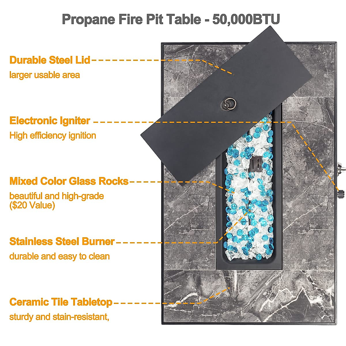 AJ Enjoy 32'' Propane Fire Pit Table, Marble Textured Ceramic Tabletop, 50,000 BTU Fire Table with Brown Wicker, Mix Color Glass Rocks, Including Lid&Cover, Rectangle, Tank Required to Be Kept Outside