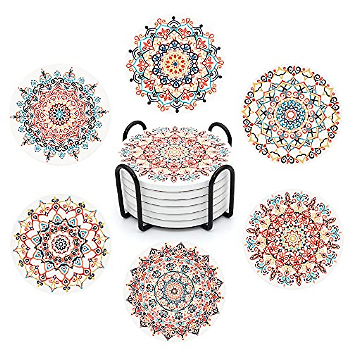 Coasters for Drinks with Holder Beautiful Flower Ceramic Coasters 4 Inch Round Absorbent Drink Coasters with Cork Base Set of 6 for Kinds of Cups, Wooden Table, Table Protection, Housewarming Gifts