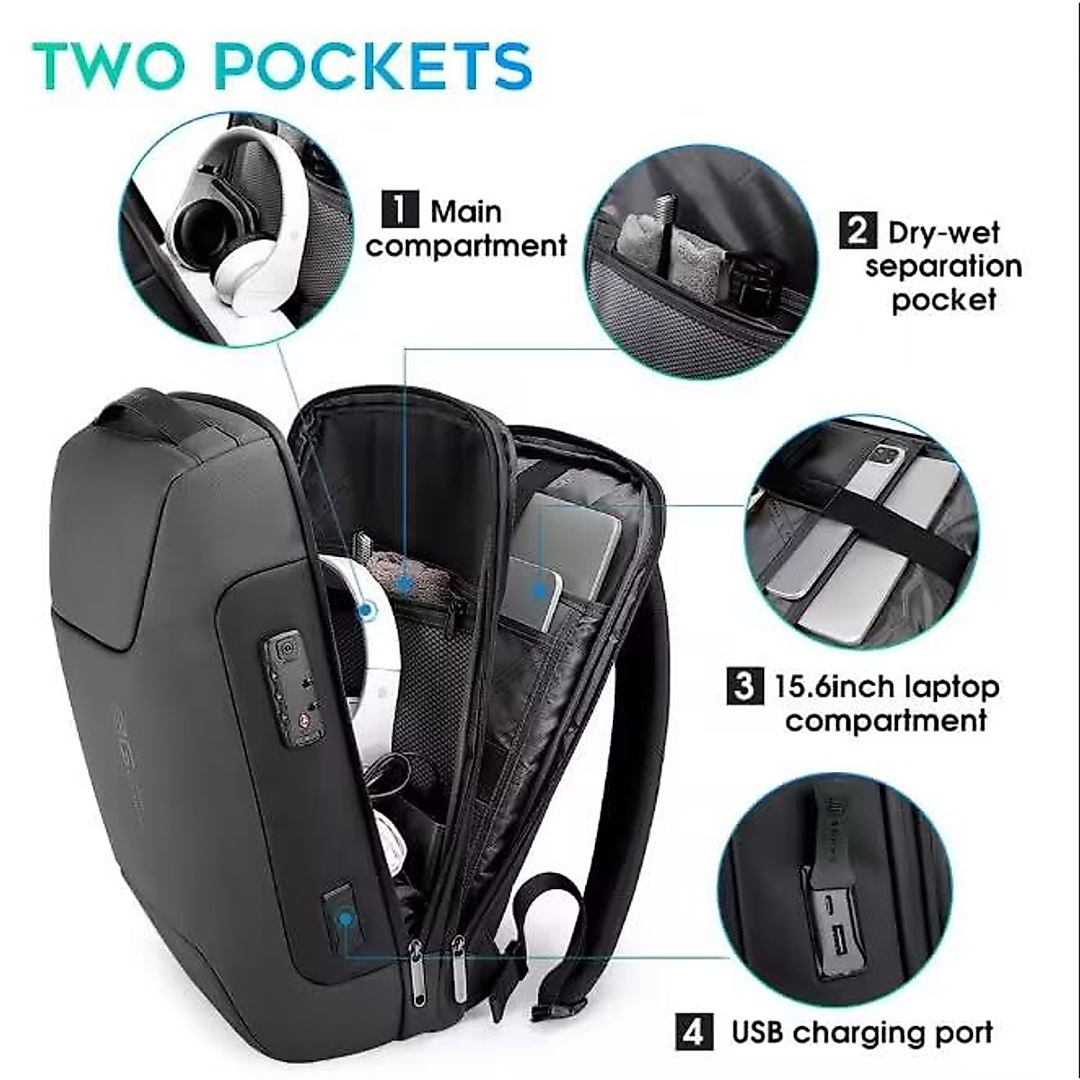 BANGE Anti Theft Business Laptop Backpack Fits 15.6 Inch Notebook,Smart Work Backpack with USB Charging Port for School Office College Airplane