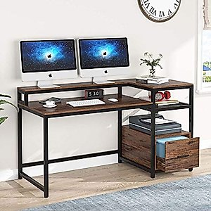 TIYASE Computer Desk with Hutch and Storage Shelves, 59 inch Large Rustic Home Office Desk Computer Table Study Writing Desk Workstation with File Drawer and Monitor Shelf (Vintage Brown)