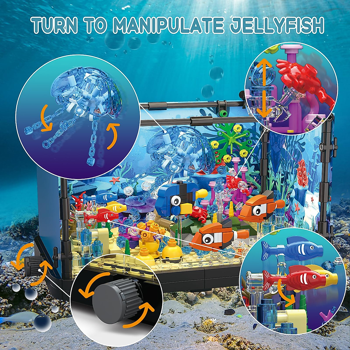 Vocrev Fish Tank Building Block Set for Adults and Kids Lighting Aquarium Building Block Toys for Boys Girls Age 8-14 Including Ocean Jellyfish, Turtle, Dolphin, Crab, Fish 725pcs - Jellyfish