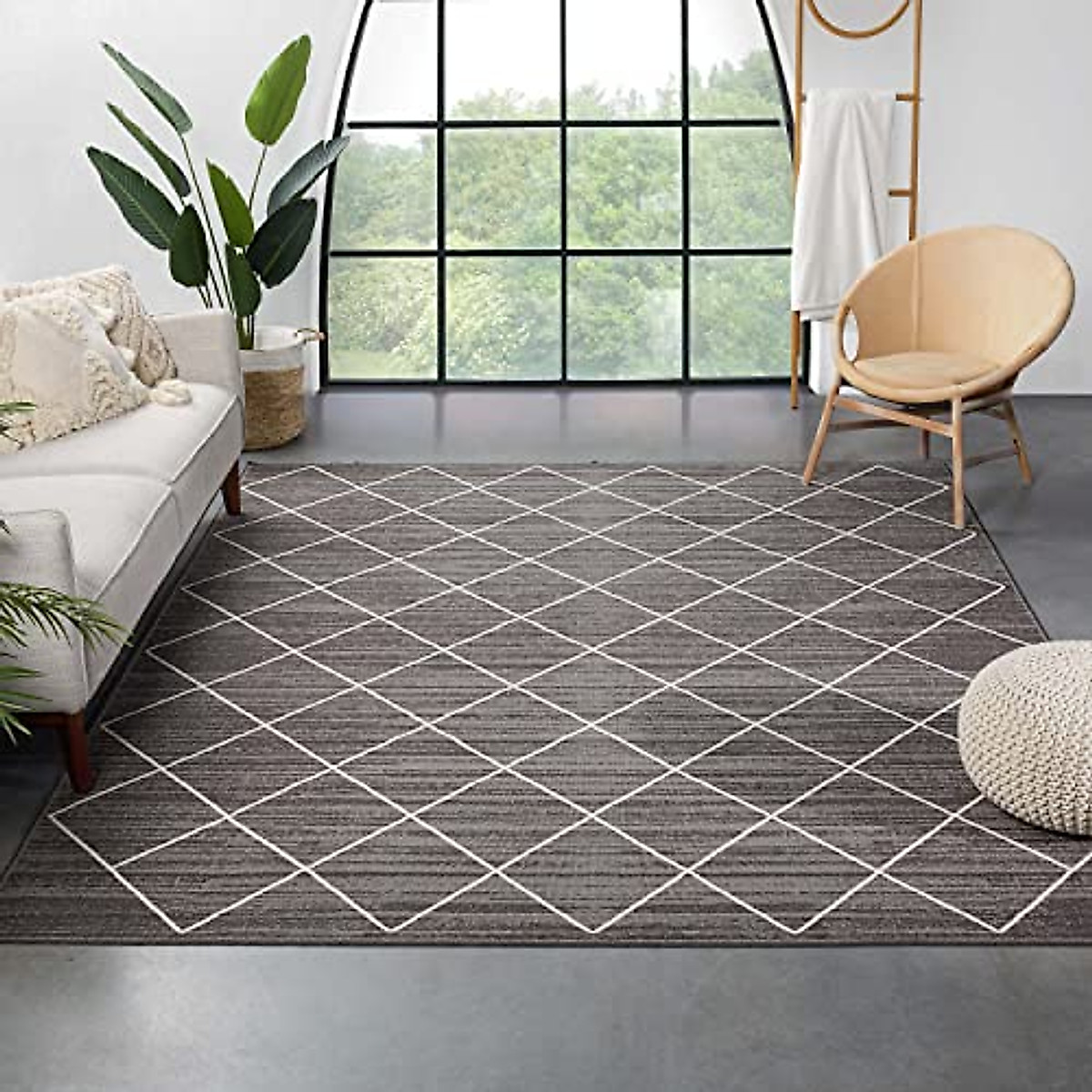 Well Woven Non-Slip Rubber Back (5' x 7') Diamond Lattice Print Grey Thin Pile Machine Washable Indoor Outdoor Area Rug