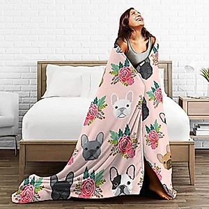 HAZIMCS Flannel Fleece Plush Throw Blanket,French Bulldog Floral Dog Cute pet Gifts Dog Breed Throw for Spring Recliner, Air Conditioning Blanket Quality Washable 50"x40"