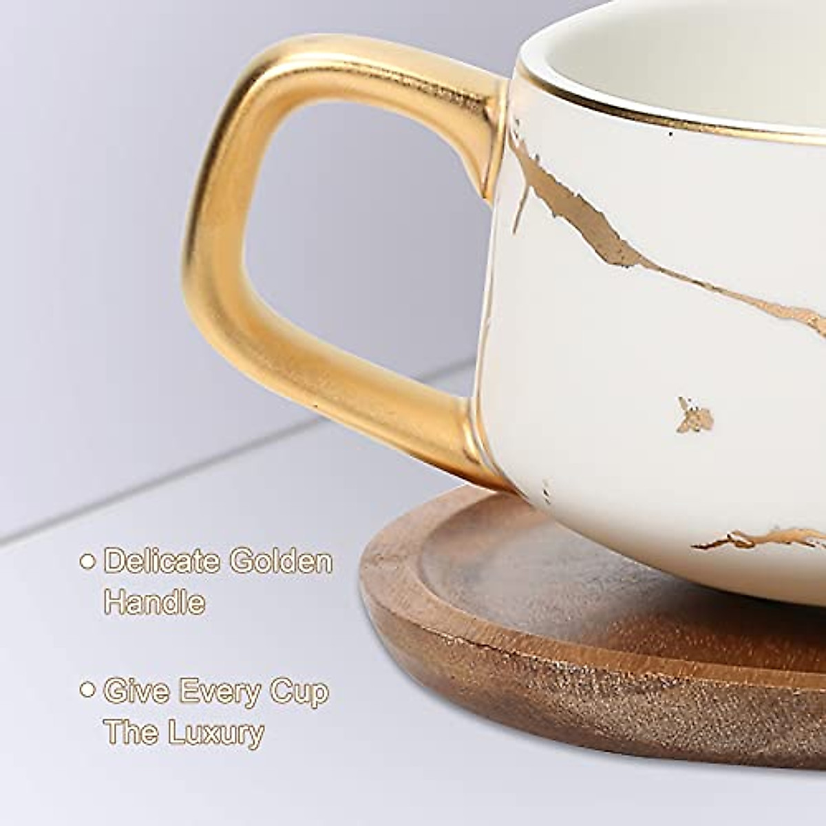 ENJOHOS 10 Oz Ceramic Tea Cup Coffee Cup Set with Wooden Saucer European Golden Hand Cup Saucer Set(White)