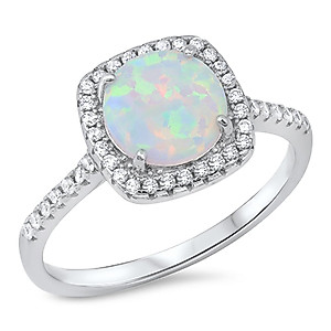 Round White Simulated Opal Micro Pave Halo Ring .925 Sterling Silver Band Size 11