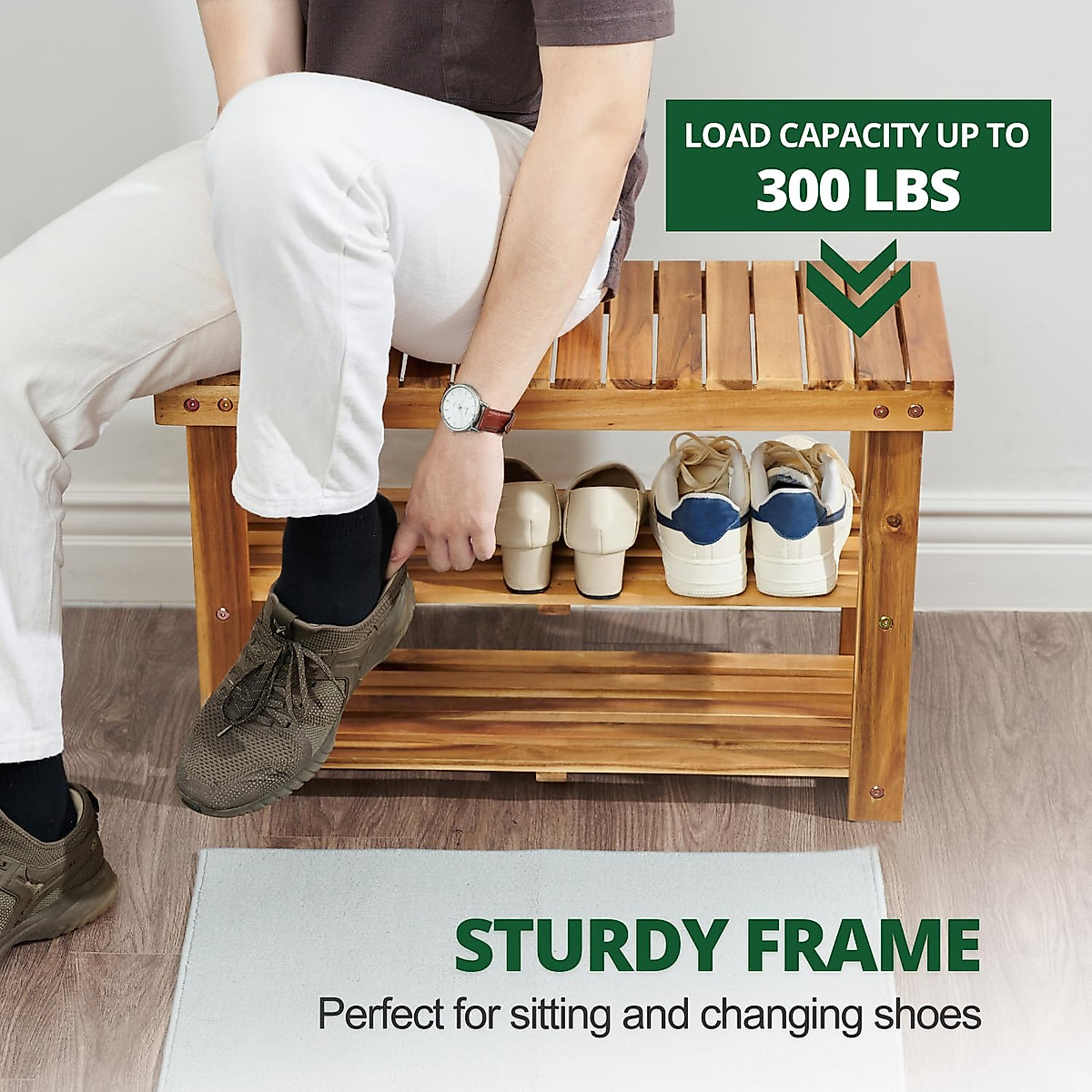 BEEFURNI Acacia Shoe Rack Bench, 3-Tier Sturdy Shoe Storage Bench, Wooden Shoe Organizer, 300 LBS Load Capacity, Perfect for Closet Entryway Bathroom, 1-Year Manufacturer Warranty, Natural Acacia