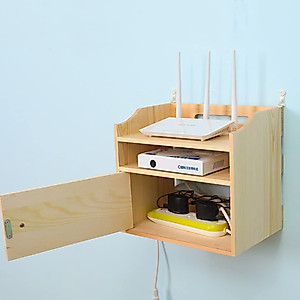 AVEEWA Wireless Router Storage Shelf Solid Wood Wireless Router Storage Box Desktop Set-Top Box Rack WiFi Box/Wood Color/32 * 21.5 * 28.5Cm