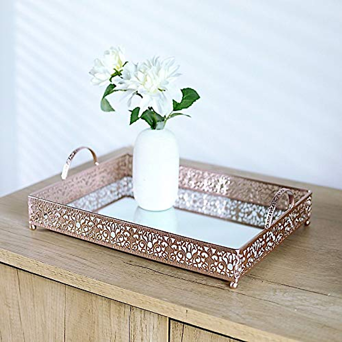 BalsaCircle 16x12-Inch Rose Gold Metal Rectangle Fleur De Lis Trim Decorative Mirror Serving Tray Wedding Party Dessert Centerpieces