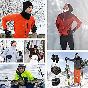 Mens 3 Pieces Winter Warm Beanie Hat Scarf and Touchscreen Gloves Set,Knit Cap Neck Warmer with Fleece Lined (Beanie+Scarf+Gloves(Black))