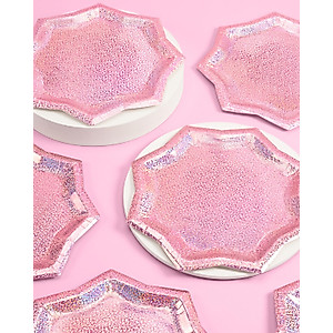 xo, Fetti Pink Holographic Starburst Foil Plates - 25 pcs | Happy Birthday Party Decorations, Holiday Party, Cool Cake Plates, Pink Bachelorette Disposable Party Plates