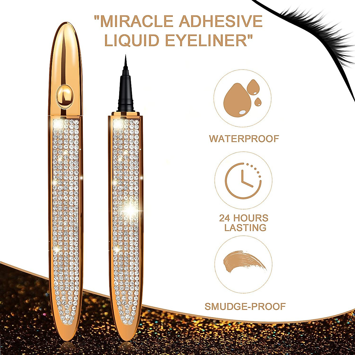 ICORIC Liquid Eyeliner Pen Waterproof, Magic Self-adhesive Long-Lasting Eyelash Glue Pen, Non Magnetic, No Blooming Quick Drying Magnetic Eye Liner (Gold Black 1Pcs)
