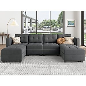 HONBAY Modular Sectional Sofa with Storage Velvet U Shaped Couch with Reversible Chaises Sectional Sofa with Ottomans, Bluish Grey