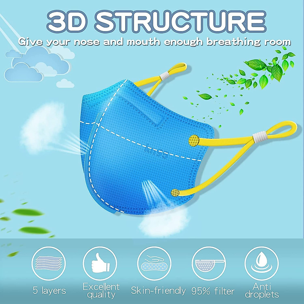 ChiSip 50Pcs KN95 Face Mask for Kids, 5-Layers Breathable KN95 Masks with Cartoon Pattern for Children Boys Girls, Multicolored Safety Masks