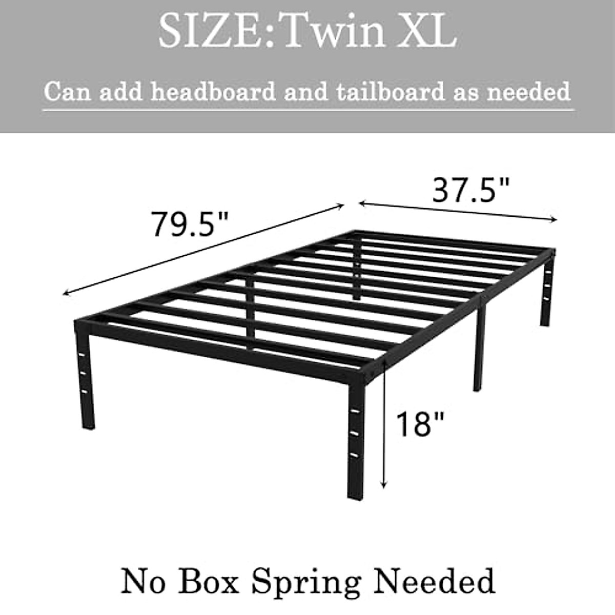 Yedop 18 Inch Twin XL Bed Frames, No Box Spring Needed, 2500 lbs Heavy Duty Steel Slat Support, Non-Slip XL Twin Bed Frame, Metal Platform Bed Frame Twin XL Black