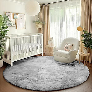 Puremy Round Rug for Bedroom, 5x5 Fluffy Circle Area Rugs for Kids Room, Soft Shaggy Circular Carpet for Nursery Living Room, Non-Slip Home Decor Rug for Teen's Room, Tie-Dye Light Grey