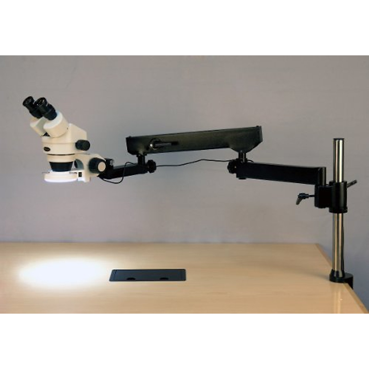 AmScope SM-8B-144S Professional Binocular Stereo Zoom Microscope, WH10x Eyepieces, 7X-45X Magnification, 0.7X-4.5X Zoom Objective, 144-Bulb LED Ring Light, Articulating-Arm Boom Stand, 110V-240V