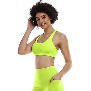 icyzone Padded Strappy Sports Bra Yoga Tops Activewear Workout Clothes for Women (M, Neon Yellow)