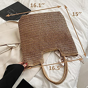 QTKJ Summer Beach bag, Handwoven Straw Bag, Soft Large Beach Tote Boho Beach Shoulder Hand Bag, Woven Bag for Women Vacation Travel, Daily(Khaki)