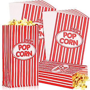 Paper Popcorn Bags 2 oz Disposable Individual Servings Popcorn Container Flat Bottom Vintage Popcorn Bags for Popcorn Machine Movie Night Party Theaters Carnivals, Red and White Striped (200 Pieces)