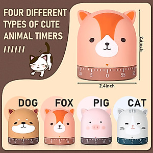 4 Pcs Kitchen Cooking Timer Animal Mechanical Timer 60 Minute Wind up Dial 360° Rotating Countdown Egg Reminder No Batteries Loud Ring Cartoon Alarm for Kids Time Management, Fox Pig Cat Dog(Animal)