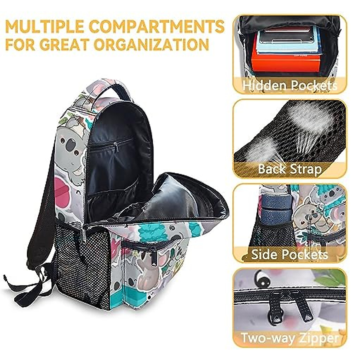 WARMRUG Koala Girls Backpack for School, 16 inch Grey Backpacks for Kids, Cute Lightweight Bookbag for Middle School