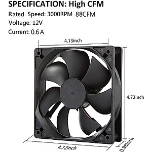 12V Moisture-Proof Fan 120mm 2-Pack High Speed 12 Volt DC 2Wire 3Pin Exhaust Cooling Fan 3000RPM