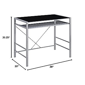 OSP Home Furnishings Zephyr Computer Desk with Keyboard Shelf and Tempered Glass Top, Black Glass and Silver Frame