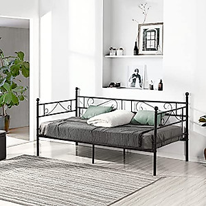 FurnitureR Metal Daybed Frame, Twin Size Metal Platform Bed with Headboard,Heavy Duty Steel Slats Support for Living Room Bedroom Guest Room, Black
