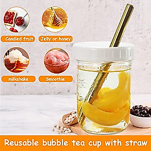 Pckydo Bubble Tea Cups 2 pack, Reusable Wide Mouth Smoothie Cups, Iced Coffee Cups With White Lids and Gold Straws Mason Jars Glass Cups, Travel Glass Drinking Bottle (16oz, Gold Straws)