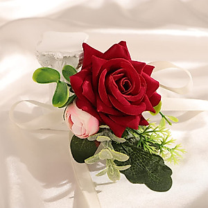Kercisbeauty 2pcs Red Rose Corsage Set for Wedding Bridesmaid Flower Wristlet Band for Homecoming Prom Girls (Red)