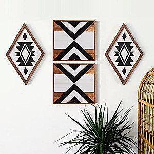 Mokof 2 Pack Wood Wall Decor, Boho Art, Diamond Framed Black and White Geometric Art Decor for Bedroom Living Room, Southwestern Wall Sign Prints on Wooden Board (Not Print Paper)