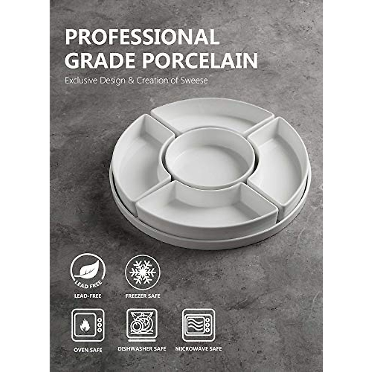 Sweese 707.001 Porcelain Divided Serving Dishes, Relish Tray, Serving Bowls for Parties - Perfect for Chips and Dip, Veggies, Candy and Snacks, White