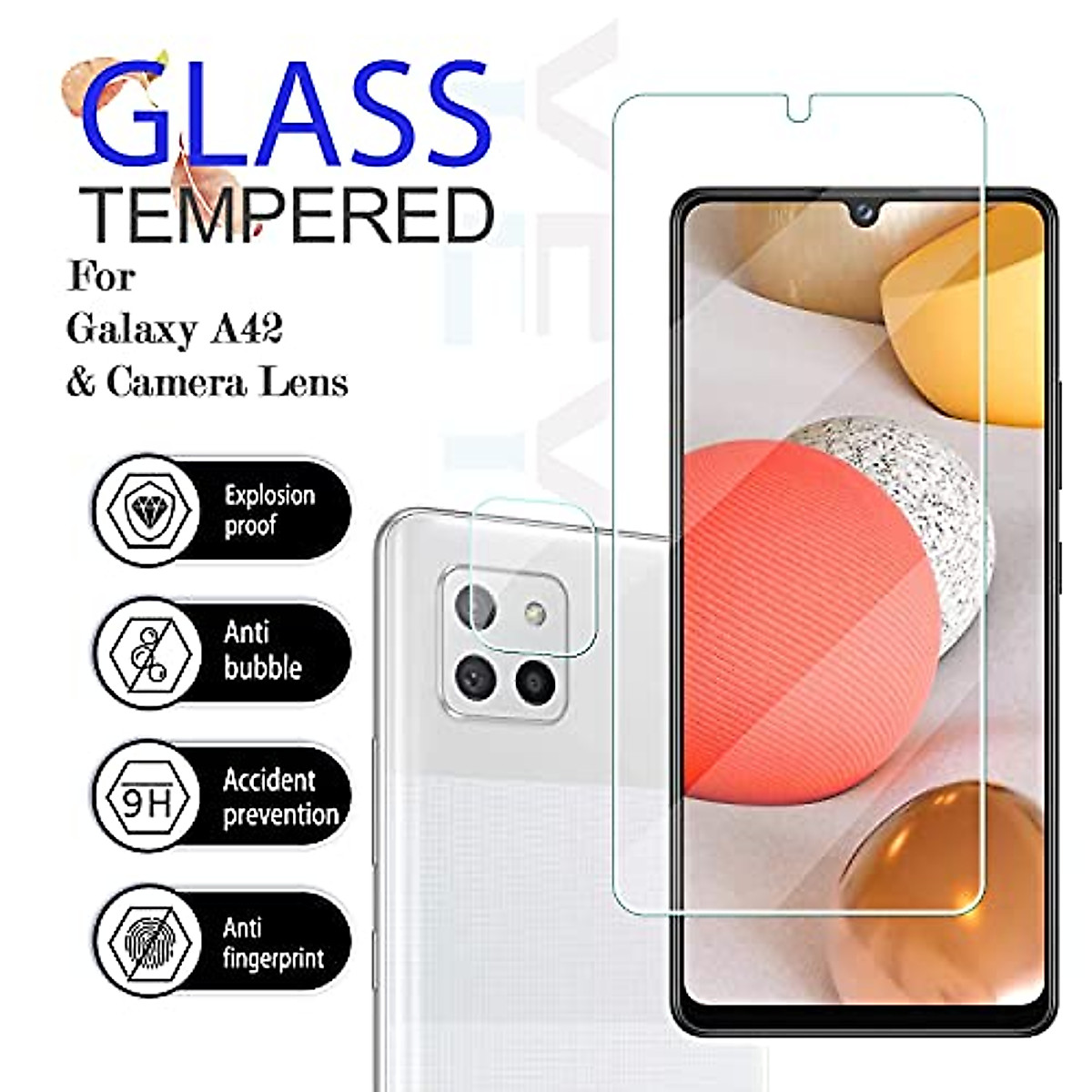 Galaxy A42 HD Clear Tempered Glass Screen Protector + Camera Lens Protectors by YEYEBF, [2+2 Pack] [3D Glass] [Bubble-Free] [Anti-Glare] Screen Protector Glass for Samsung Galaxy A42