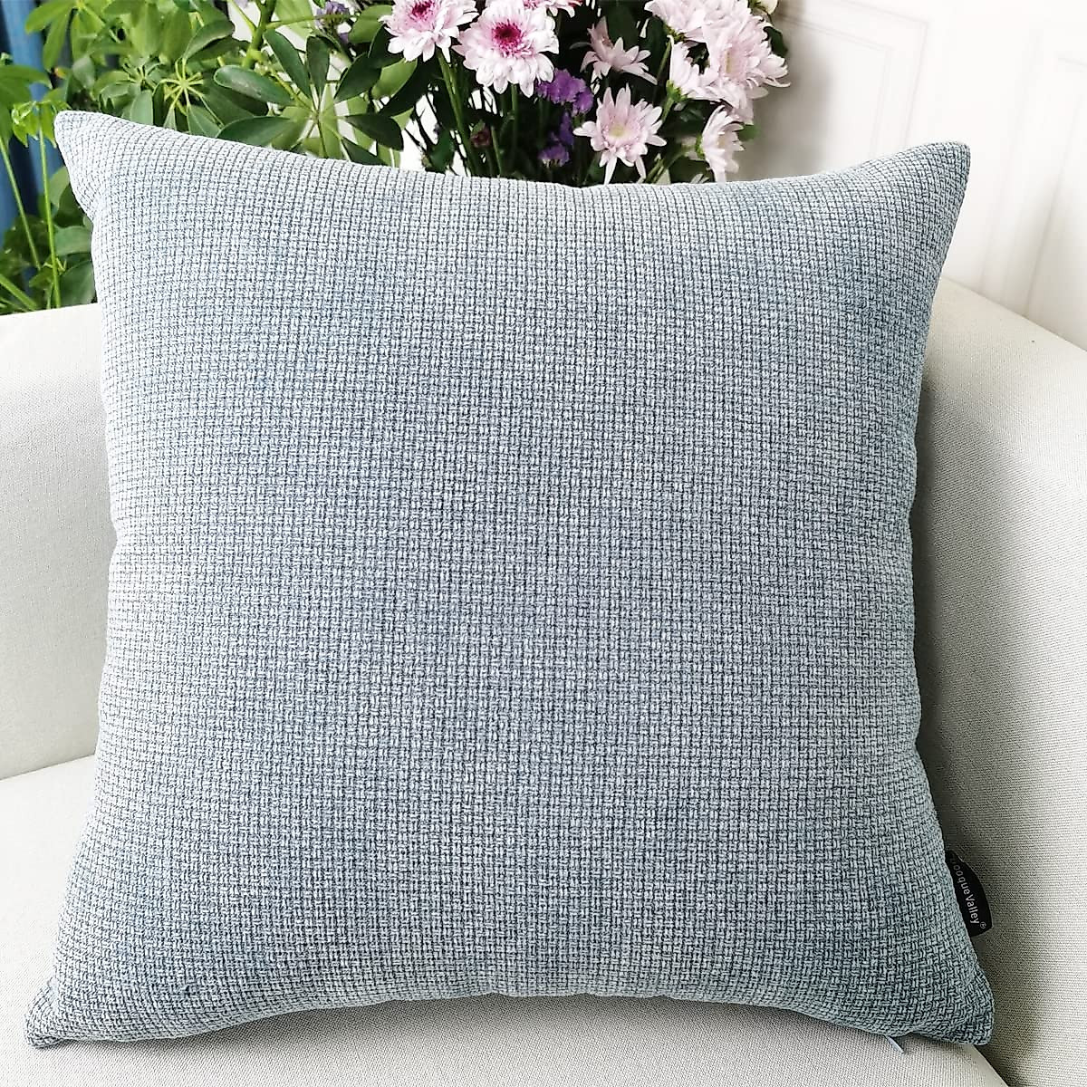 Booque Valley Pack of 2 Rough Chenille Pillow Covers，Thick Texture Solid Rustic Farmhouse Cushion Covers Square Throw Pillow Cases for Sofa Bedroom 18 x 18 Inch Light Blue