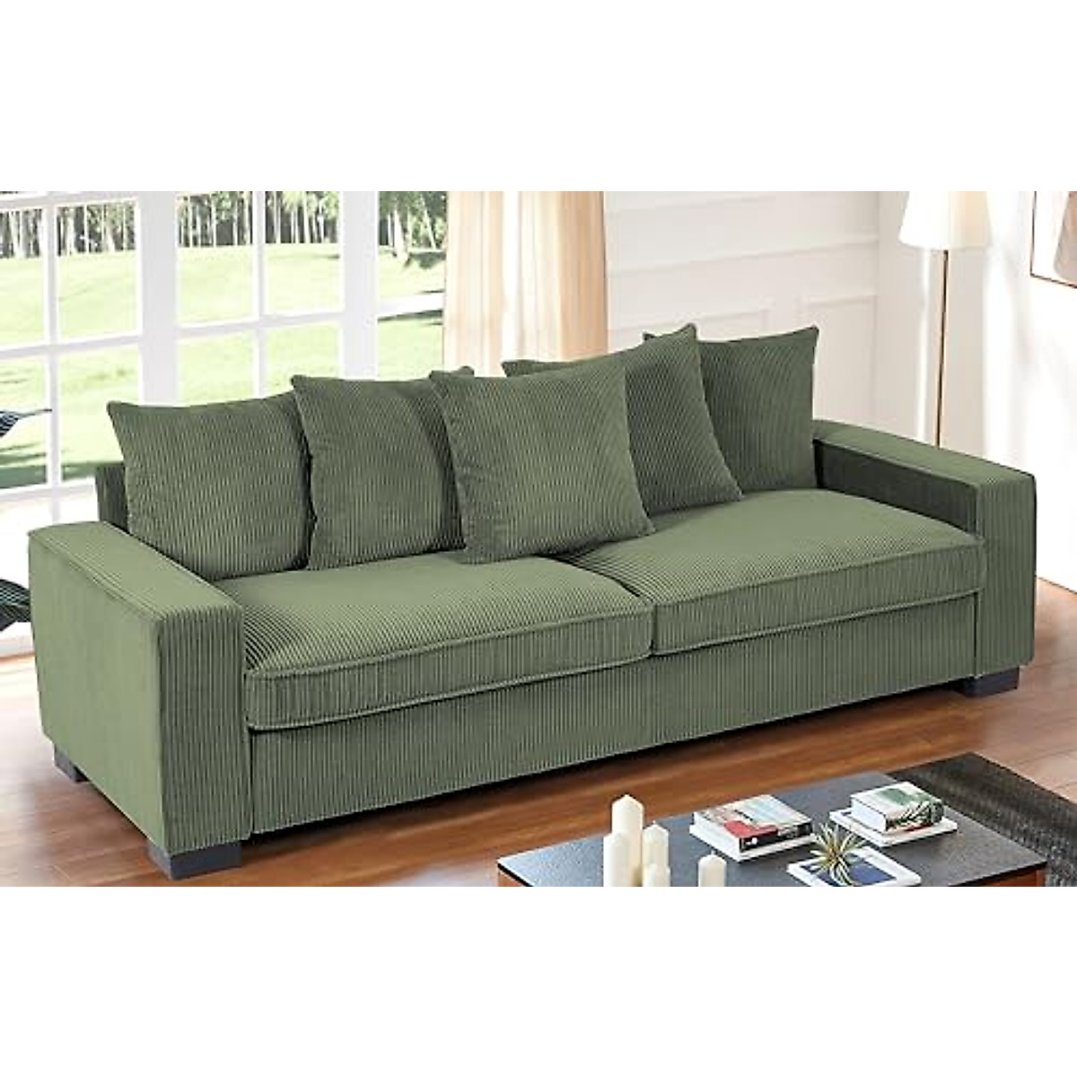 US Pride Furniture Luxe Living Room Sofa with 5 Complementary Toss Pillows, Soft Corduroy Upholstery, Streamlined Design, Ample and Cozy 3 Seater Couch for Modern Spaces, 88" Wide, Dark Green