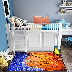 Basketball Carpet for Boys Room Basketball Room Decor Floor Rug Basketball Rug for Boys Bedroom Hipster Basketball Ball on Fire and Water Floor Mat, 3'×5'