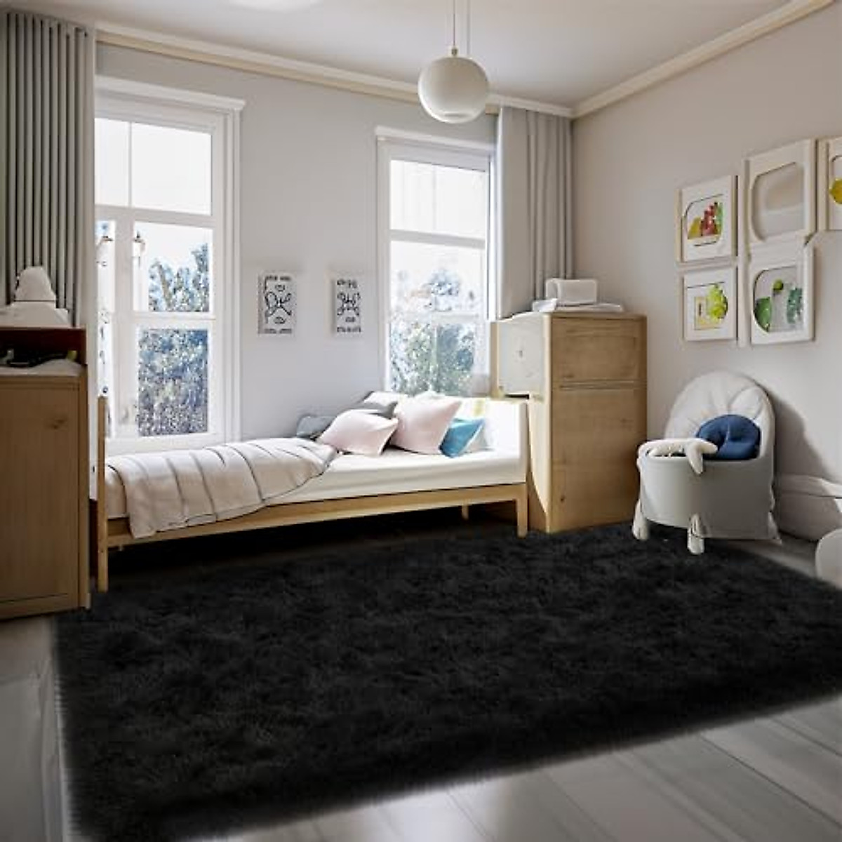 Vasofe Super Soft 5x7 Black Fluffy Area Rug for Bedroom, Large Fuzzy Living Room Rug, Shag Plush Nursery Rug for Kids Dorm Classroom Teen Shaggy Furry Throw Carpet, Indoor Home Decor Floor Mat
