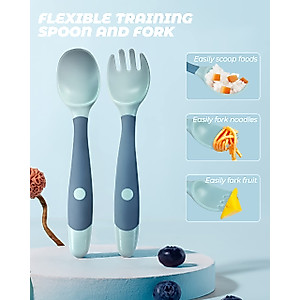 10 Pcs Toddler Utensils, Spoons and Forks Set with Bendable Handle, 5 Toddler Forks and 5 Toddler Spoons, Baby Feeding Set for Self Feeding, Silicone Spoons Forks for Kids, BPA Free