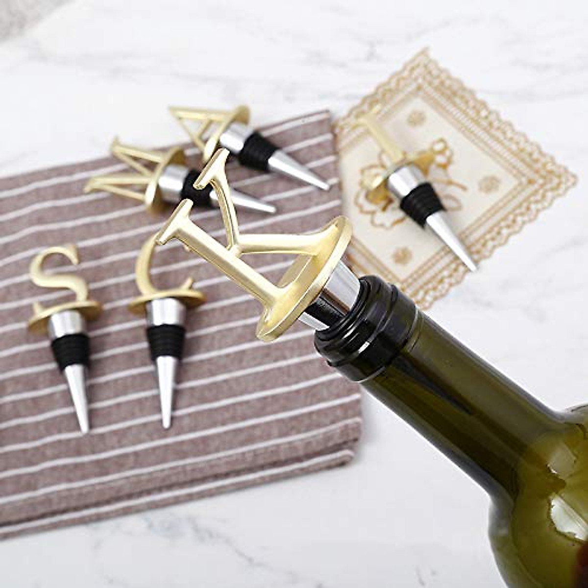 Wine and Beverage Bottle Stopper With Gold Finish,Reusable Plug,Initial