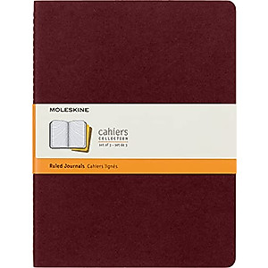 Moleskine Cahier Journal, Soft Cover, XL (7.5" x 9.5") Ruled/Lined, Cranberry Red, Mustard Yellow, Kraft Brown, 120 Pages (Set of 3)