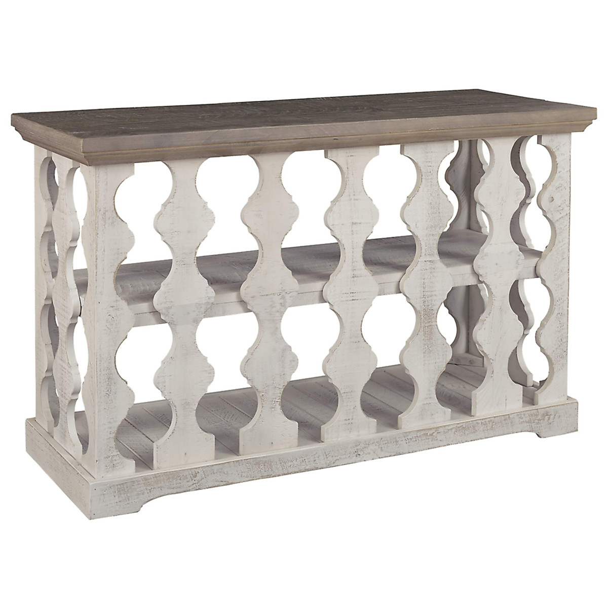 Signature Design by Ashley Havalance Farmhouse Sofa Table with 2 Fixed Storage Shelves, Gray & White with Weathered Finish