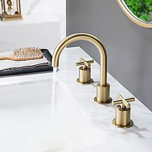 MR. FAUCET 2 Cross-Handle Gold Bathroom Sink Faucets with Waste Drain for 3 Hole 4-16 inch Deck Sink, Solid Brass Brushed Gold