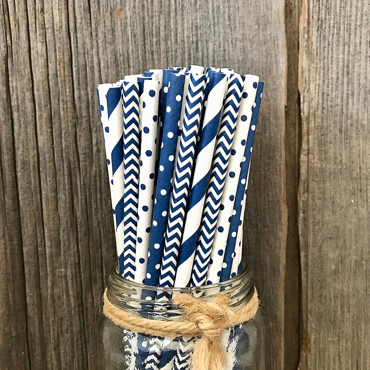 Paper Straws - Navy Blue and White - Stripe Chevron Polka Dot - 7.75 Inches - 100 Pack - Outside the Box Papers Brand