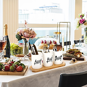 Youeon 3 Pcs Ceramic Silverware Caddy Utensil Holder for Countertop, Silverware Organizer with Bamboo Tray, Spoon and Fork Holder, Flatware Organizer Utensil Caddy for Counter, Cabinet, Restaurant