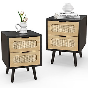 HOPUBUY Nightstands Set of 2 with Rattan Drawer, Modern Night Stand for Bedrooms, Wooden 2 Drawer Bedside Table Side Table for Small Place Living Room and Bedroom (Black, 2 Drawers 2 Pack)
